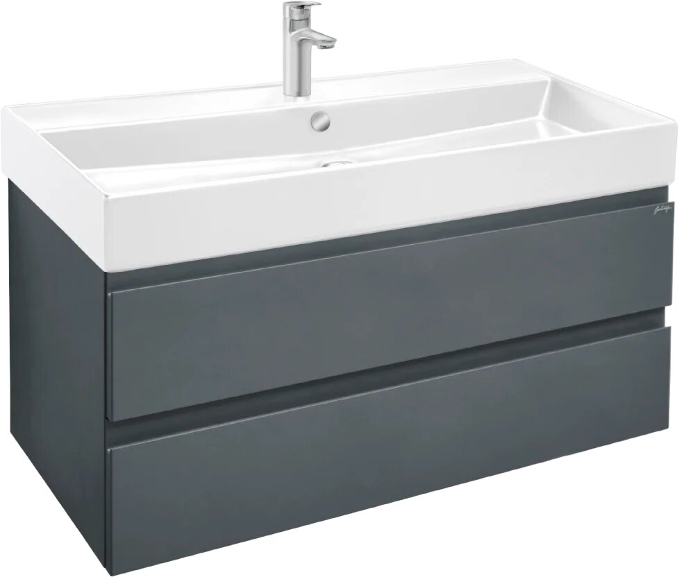 Тумба с раковиной Jacob Delafon Madeleine 100 подвесная, 101 см, серая, матовая, из МДФ, с ящиками, раковина для ванной фарфоровая, прямоугольная, встроенный слив-перелив