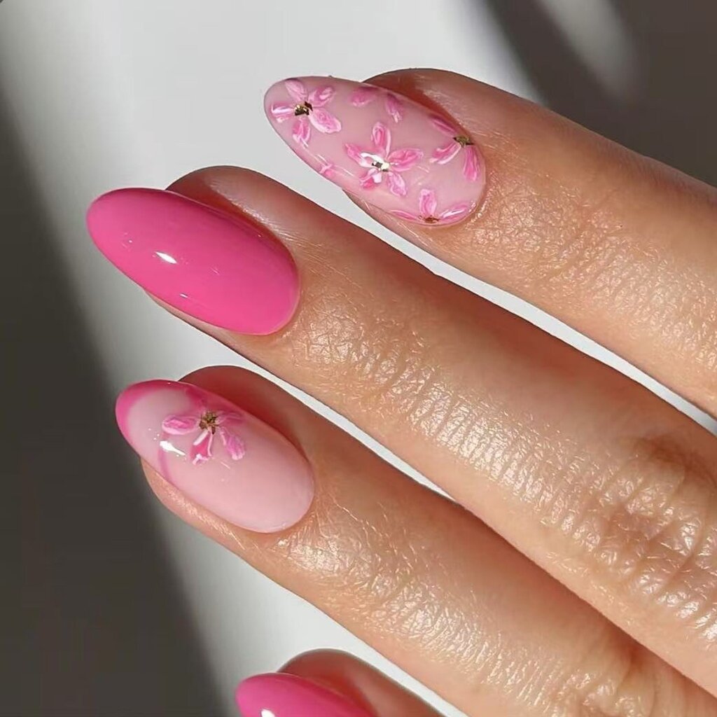 24шт Миндальный Пресс на Ногте Цветок Французский Поддельный Ноготь Акриловый Накладной Ноготь, Искусственные Клеи для Ногтей на Ногте для Женщин Девочек