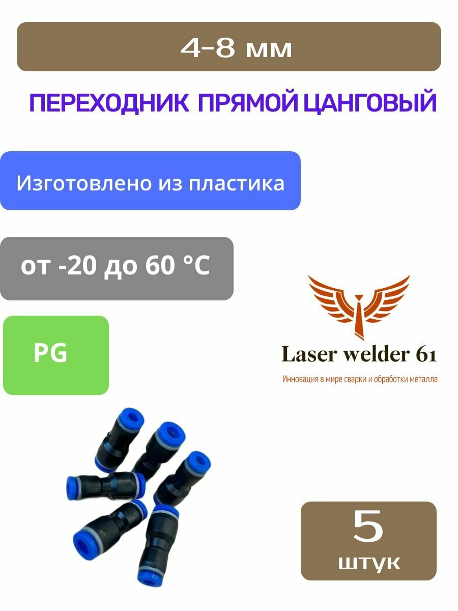 Переходник (фитинг) прямой цанговый быстросъёмный 4мм-8мм (5шт)