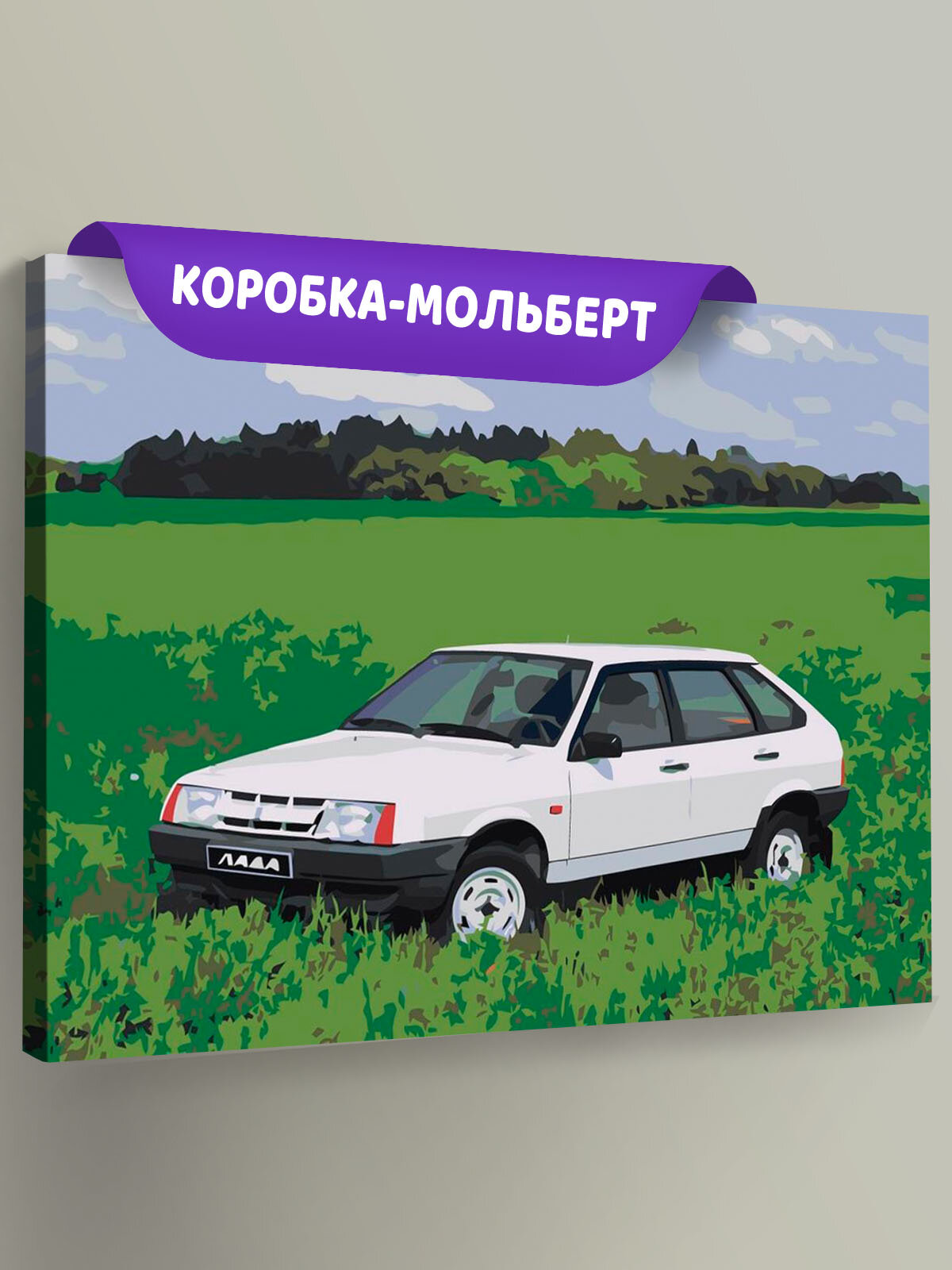 Картина по номерам ЖПН на холсте с подрамником "ВАЗ-2109: белая Лада девятка на зеленом лугу" Раскраска 40x50 см