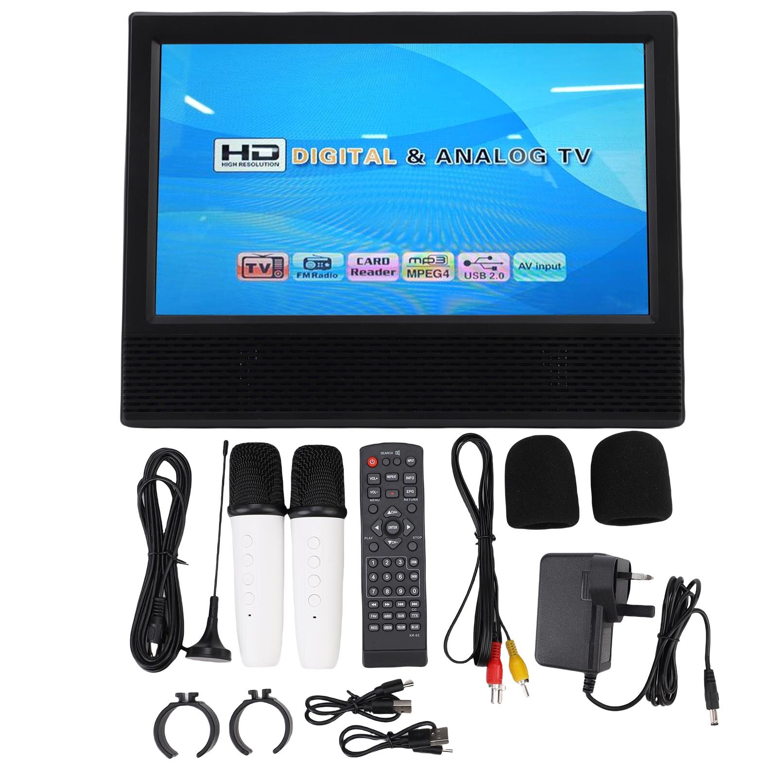 Портативная караоке-система с двумя колонками, 14-дюймовым цифровым телевизором, беспроводными микрофонами Bluetooth и антеннами для семейных встреч и путешествий.
