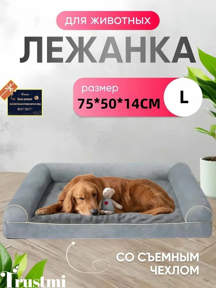 Лежанка для Собак, Серый,75x50x14cm, Лежанка для собак со съемным чехлом и ортопедическим матрасом; со съемным чехломwY