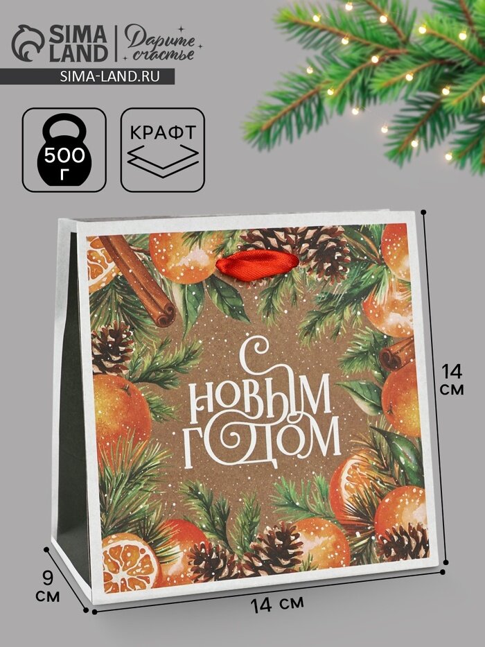 Пакет подарочный новогодний крафтовый квадратный С Новым годом, 14×14×9 см, 4 шт.