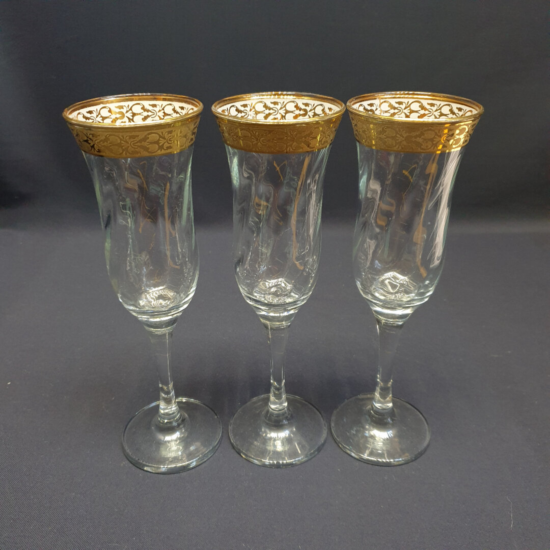 Набор фужеров 3 шт, стекло, позолота, 200 мл. Винтаж 90-ых.