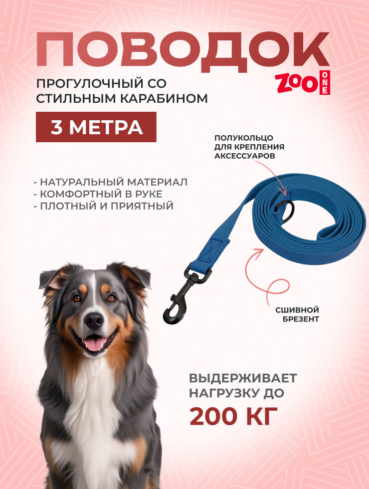 Поводок для прогулок ZooOne брезент синий, 25 мм х 3 м, 73-1879