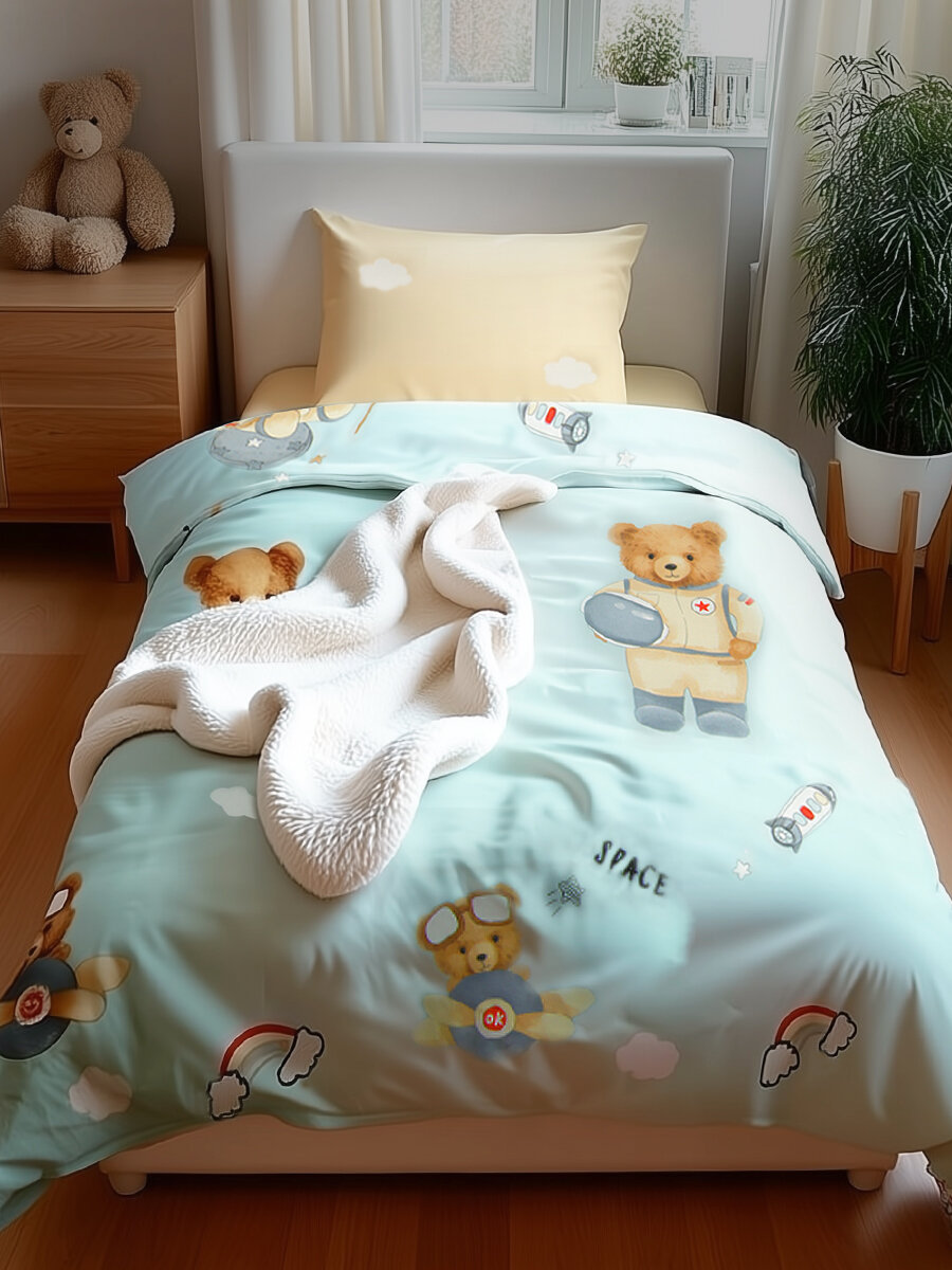 Детское постельное белье 160х80 сатин "Мишка на самолете голубой " 3003/1