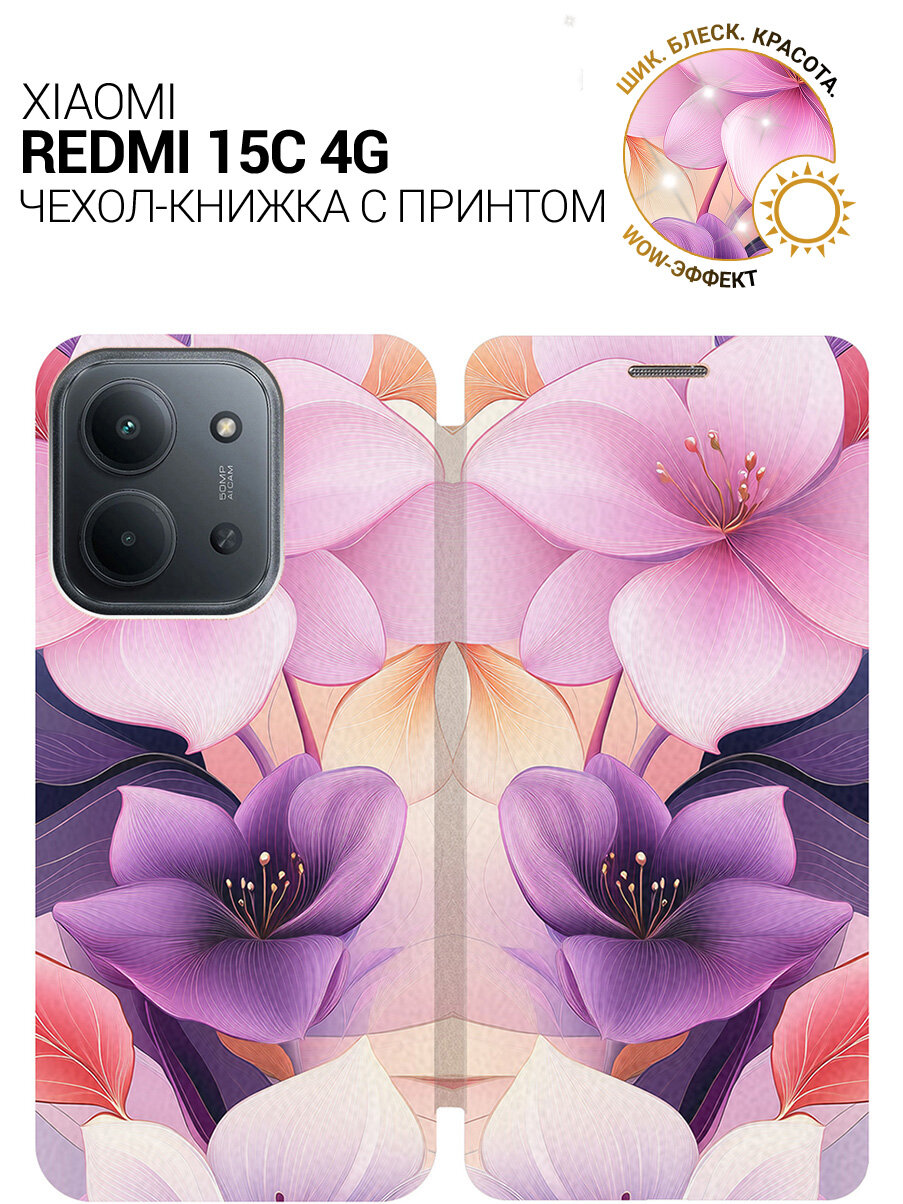 Чехол-книжка на Xiaomi Redmi 15C 4G с принтом Сказочные цветы, bkg