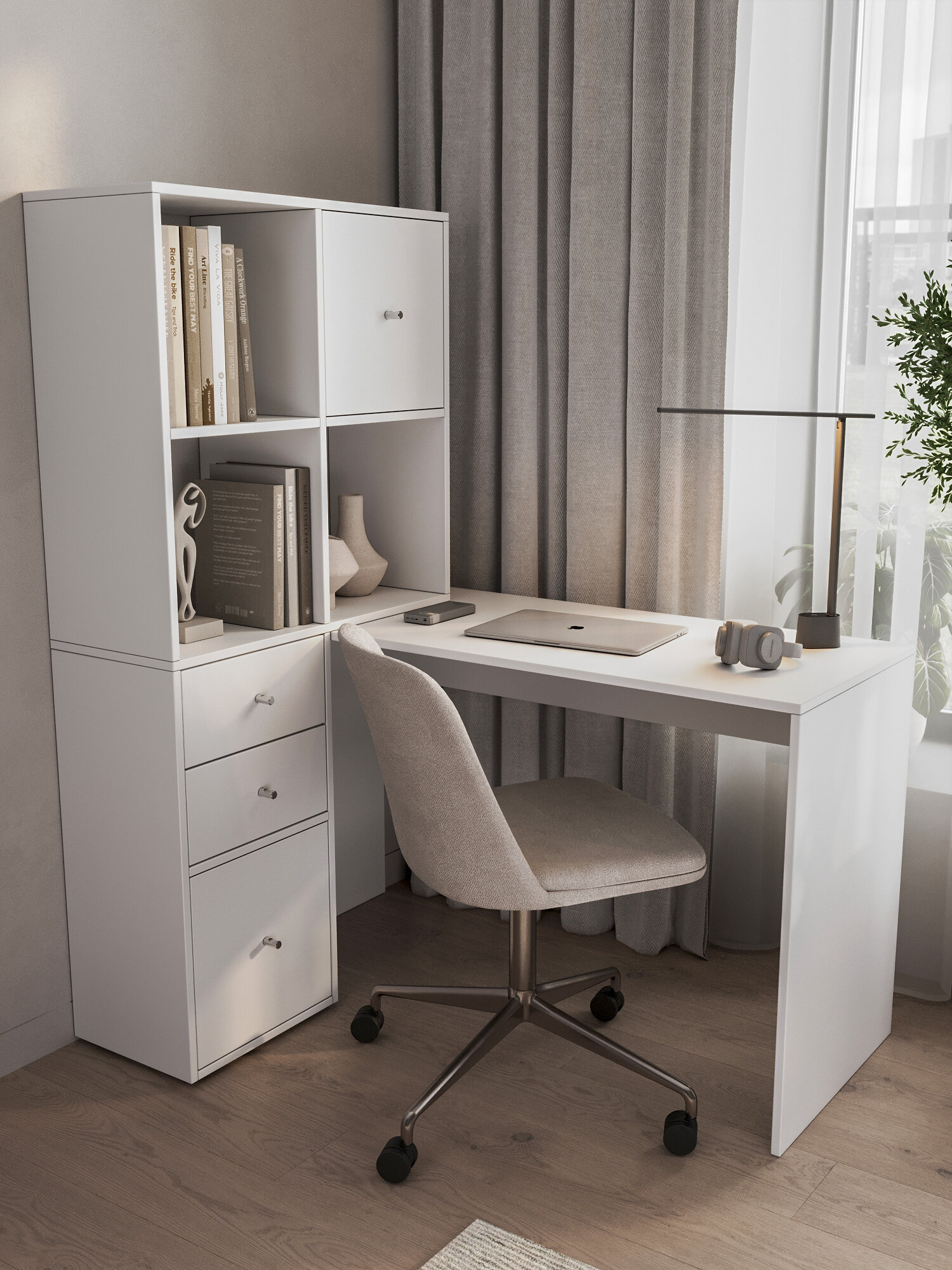 Стол компьютерный угловой стеллаж с полками и ящиками белый ЛДСП