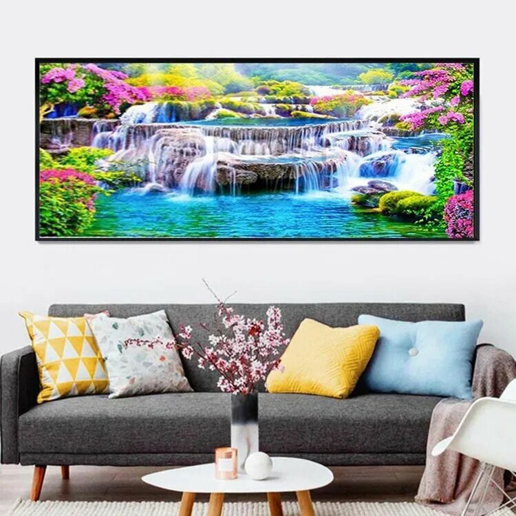 Алмазная мозаика "Пейзаж / Алмазная вышивка / круглая картина со стразами полный макет, размер картины 100х50 см (без подрамника, без рамки)