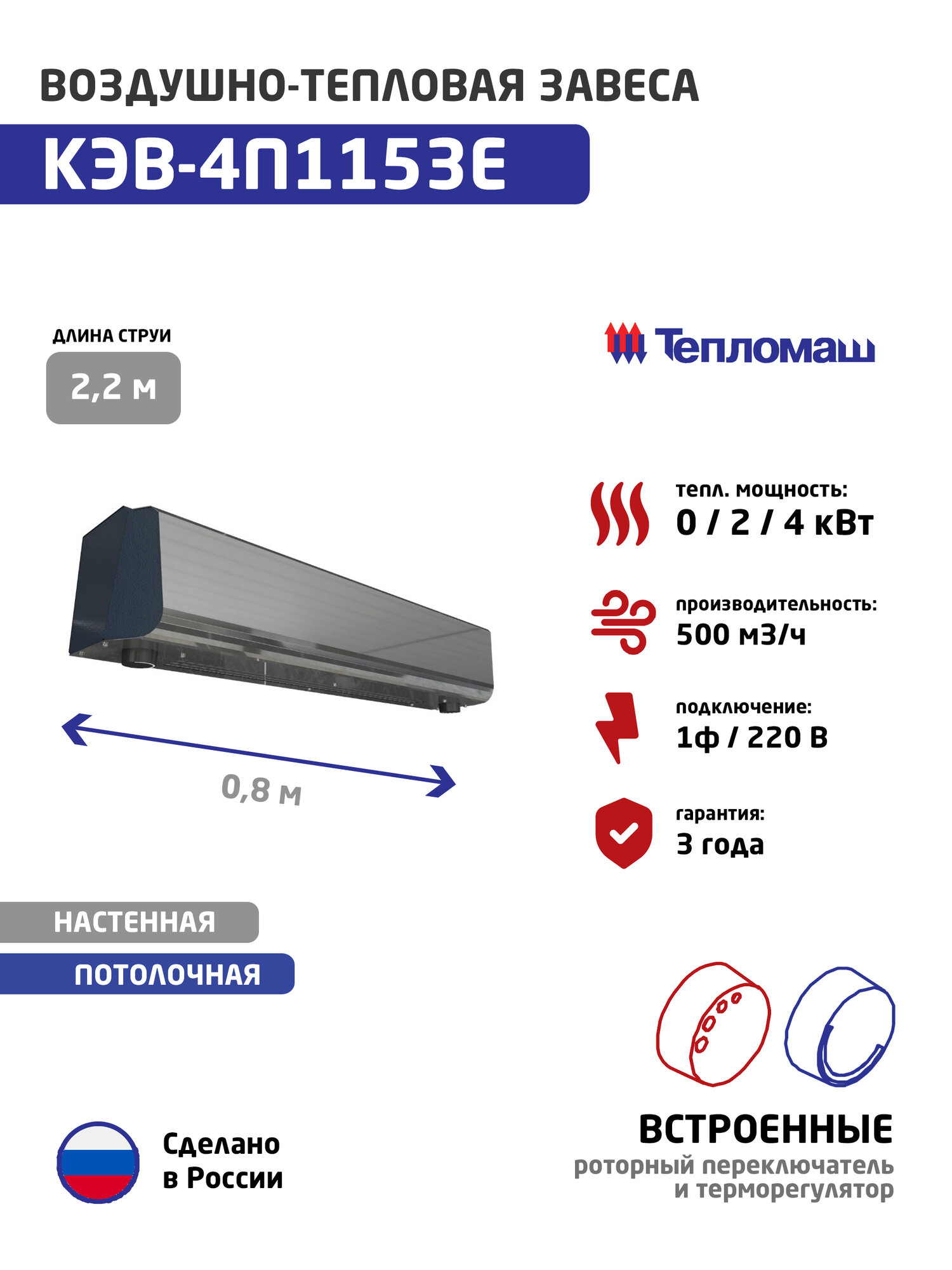 Тепловая завеса Тепломаш КЭВ-4П1153Е электрическая (2/4 кВт, 805 мм, 500 м3/час, 1ф-220в)