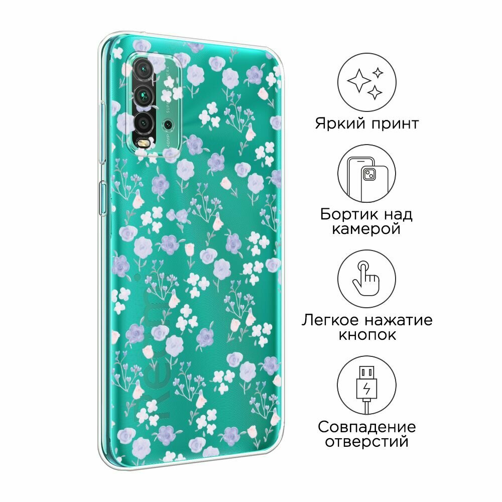 Чехол на Xiaomi Redmi 9T / Сяоми Редми 9Т с принтом "Сиреневые розы паттерн", прозрачный — фото 1