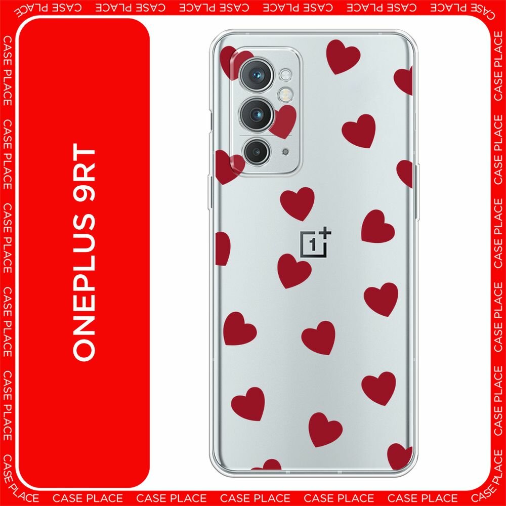 Чехол на OnePlus 9RT / ВанПлас 9RT с принтом "Бордовые сердечки паттерн - 14 февраля", прозрачный