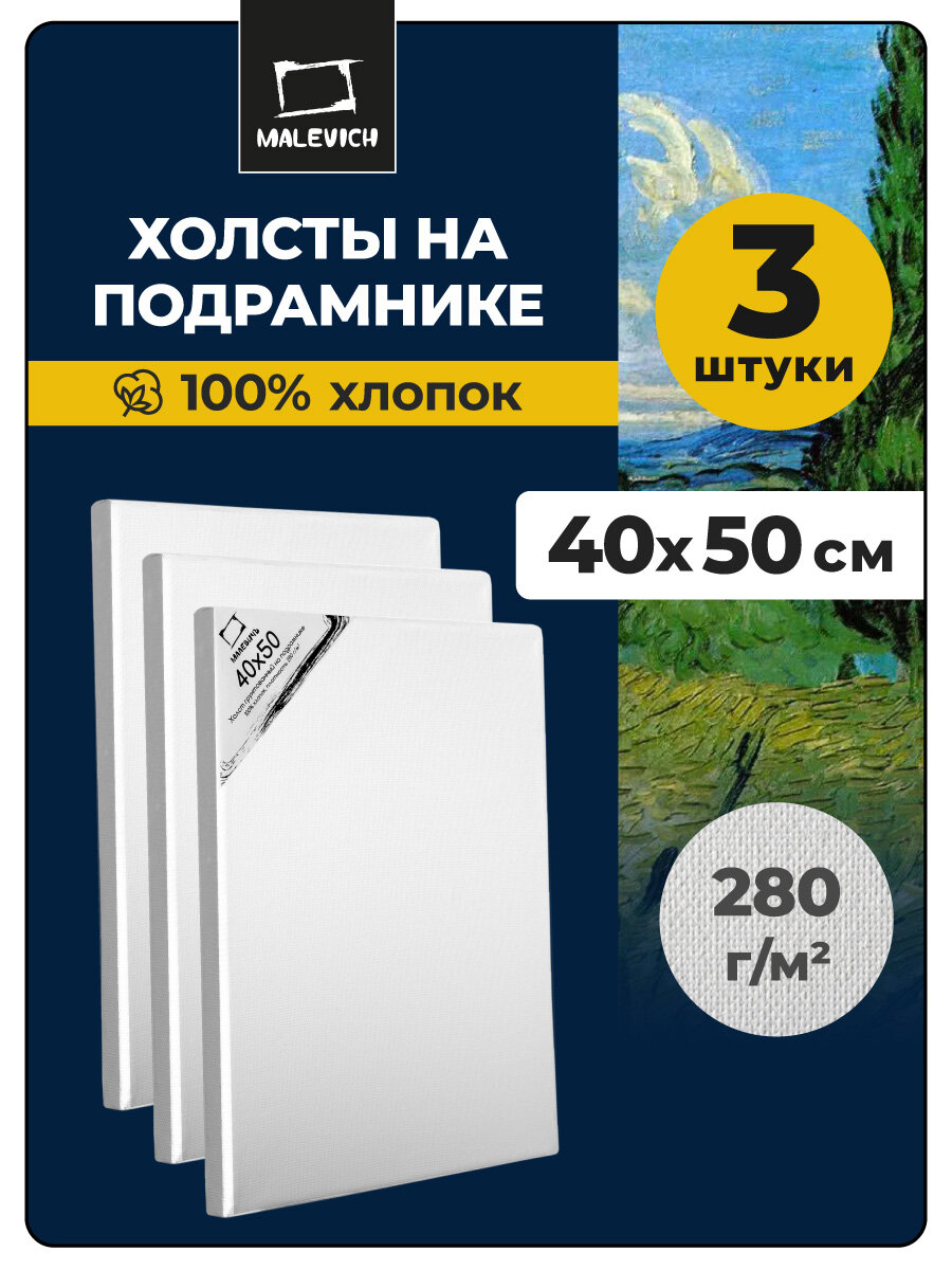 Набор холстов на подрамнике Малевичъ, грунтованный холст хлопок 280 г, 3 шт. 40х50 см