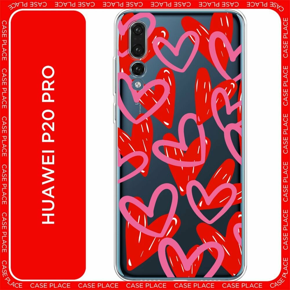 Чехол на Huawei P20 Pro / Хуавей П20 Про с принтом "Hearts doodles - 14 февраля", прозрачный