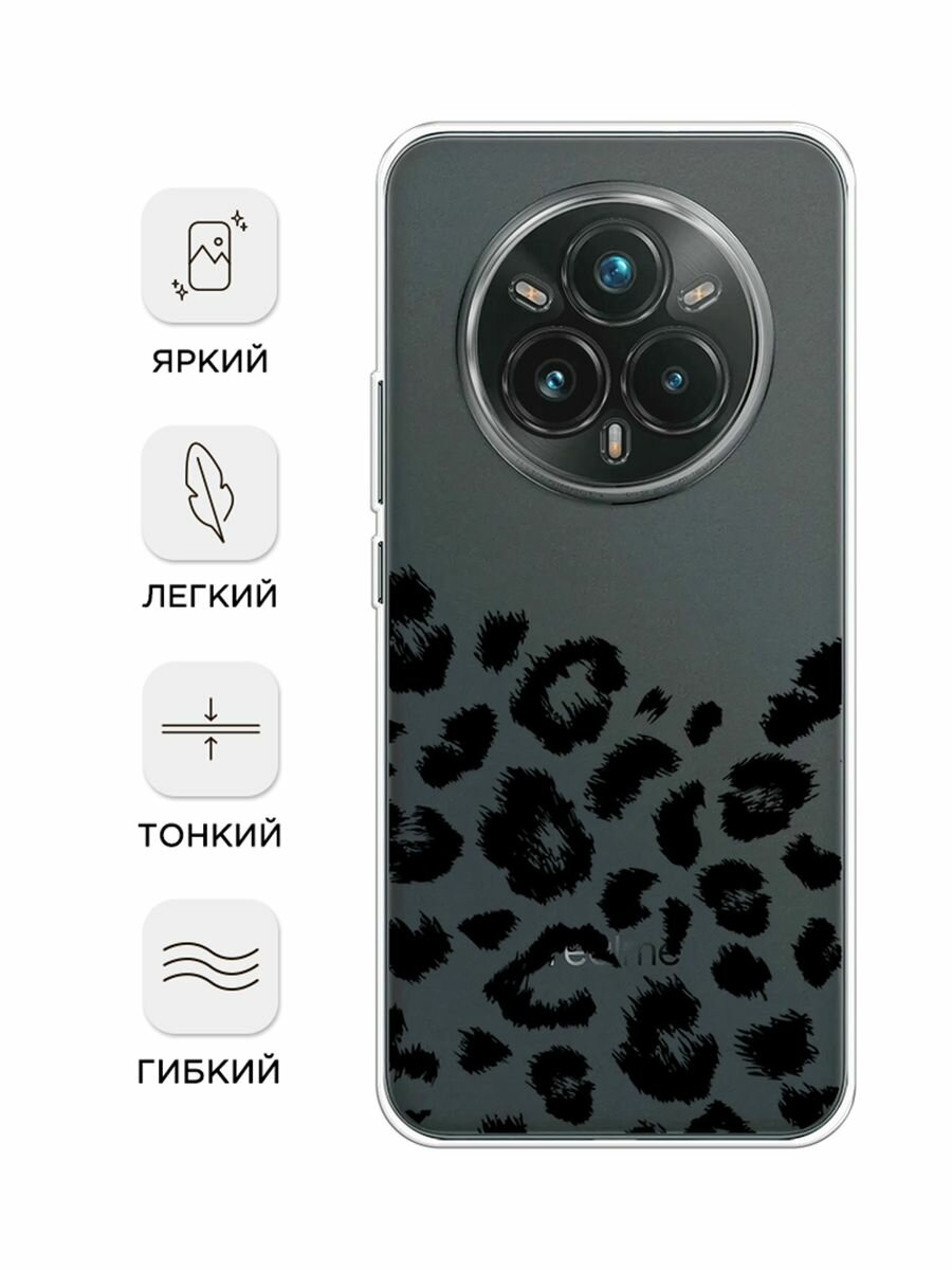 Чехол на Realme 14 Pro / Реалми 14 Про с принтом "Окрас леопарда фон черный", прозрачный — фото 1