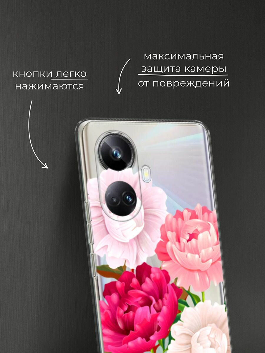 Чехол на Realme 10 Pro+ / Реалми 10 Про+ с принтом "Большие пионы", прозрачный — фото 1