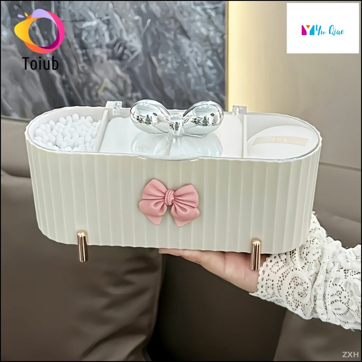 Эксклюзивная коробкаорганайзер для ванной с очаровательным бантом, предназначенная для систематизации косметики на туалетном столике