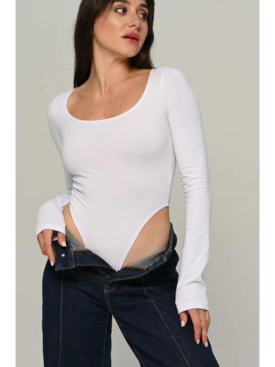 Боди вечернее белое с длинным рукавом