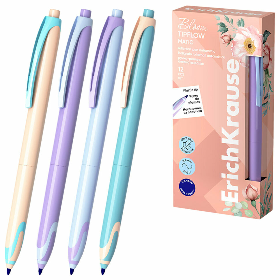 Ручка-роллер автоматическая ERICH KRAUSE "TipFlow Pastel Bloom", синяя, корпус ассорти, 0,4 мм, 63705, 144581
