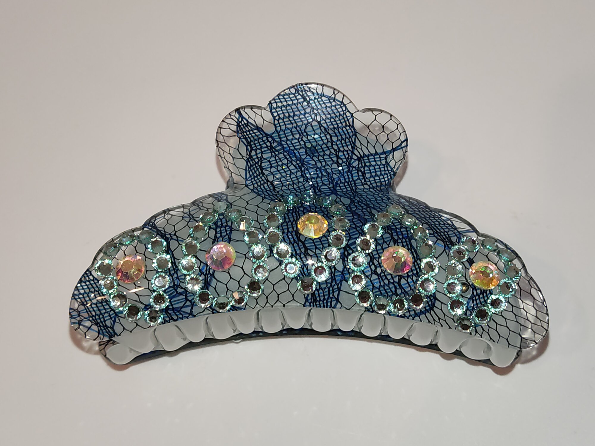 Заколка краб для волос "Ажурный", пластик, голубой, стразы, 10 см