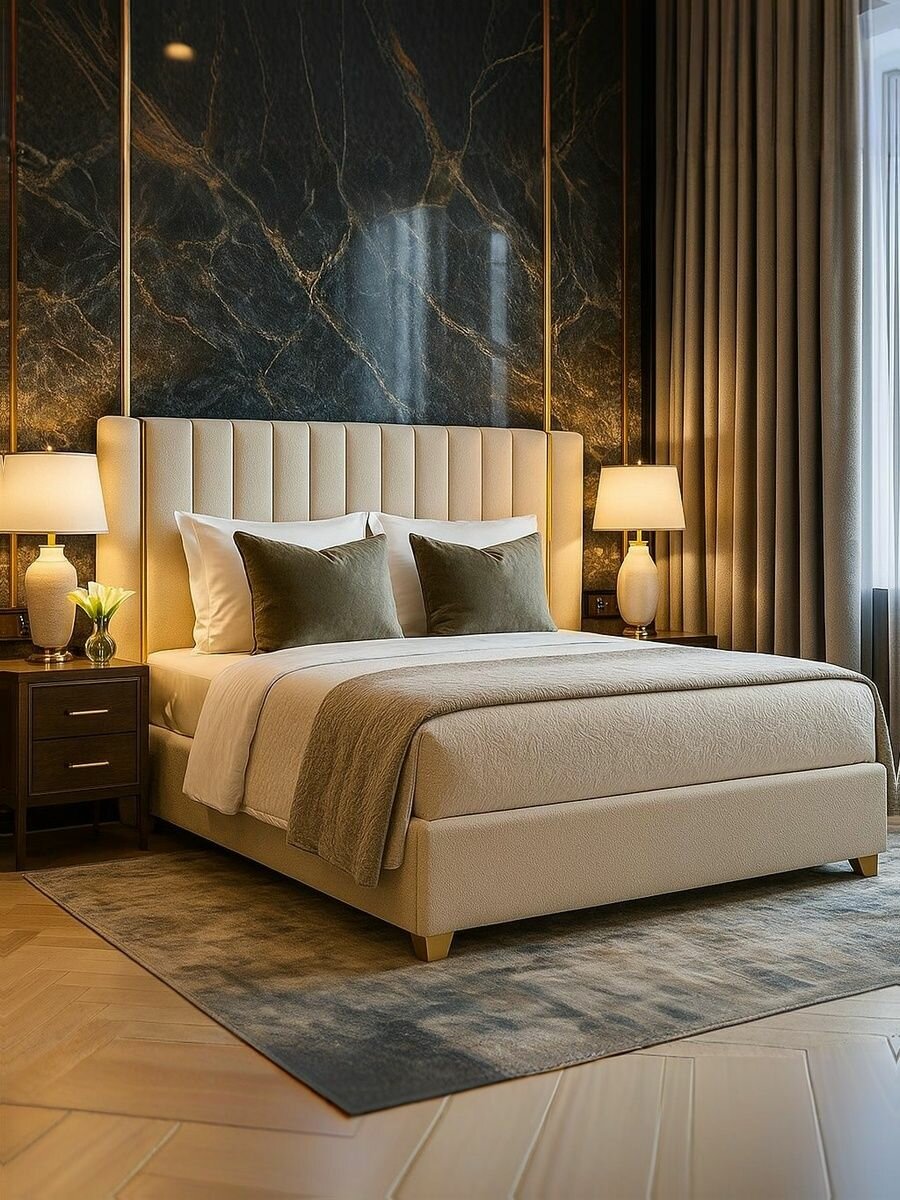 Двуспальная интерьерная кровать NOTTE Caro Royal Bukle с мягким изголовьем, 180х200 см, неоклассика, букле, светло-бежевый