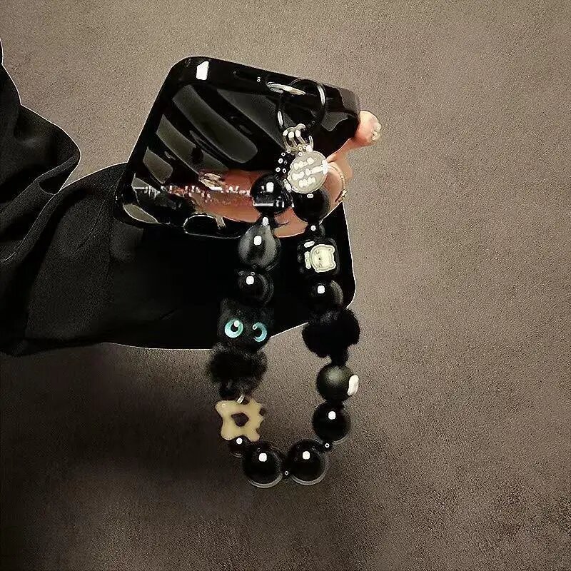 Черный пушистый ремешок для мобильного телефона с изображением кота и ручкой из бисера, цепочка на запястье, противоугонный зажим, аксессуар для сумки