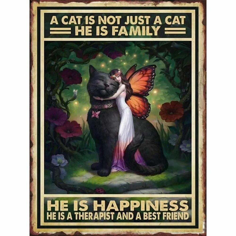 Табличка черный кот с феей "A Cat Is Not Just A Cat", ретро стиль, металл, декор для интерьера, 20х30 см.