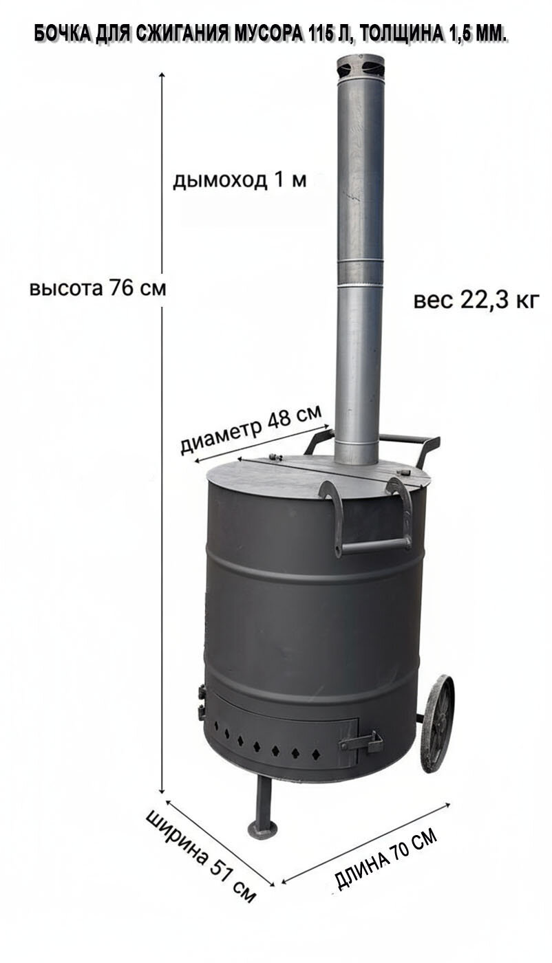 Бочка Для Сжигания Мусора 115Л - Усиленная Конструкция Из Стали 1,5 Мм Для Дачи И Сада