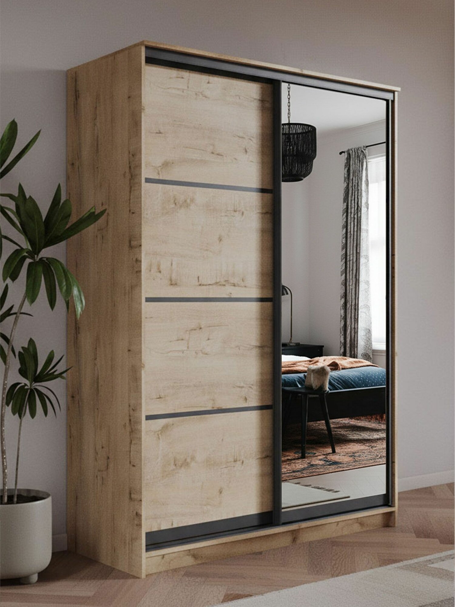 Шкаф купе с зеркалом Верия 95х40х260 Дуб Ирландский 2.2 с полками и штангой