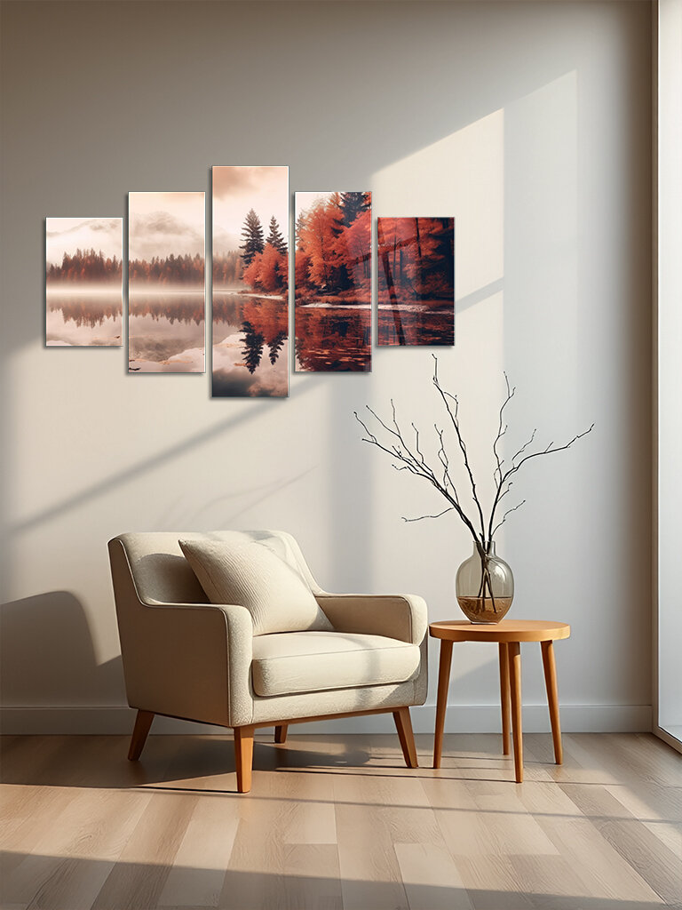 Картина модульная 150х90 см на стекле для интерьера/ Осень на озере, Diva Kartina