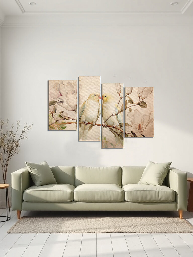 Картина модульная 140х100 см на стекле для интерьера/ Влюбленные попугайчики, Diva Kartina