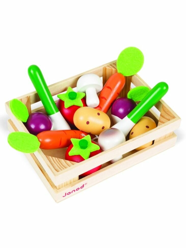 JANOD Набор овощей в деревянном ящике 12 предметов игрушечные продукты для ролевых игр для детей от 1 года
