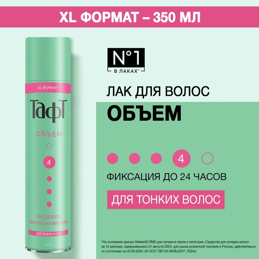 Лак для тонких волос тафт Объем, сверхсильная фиксация 4, 350мл