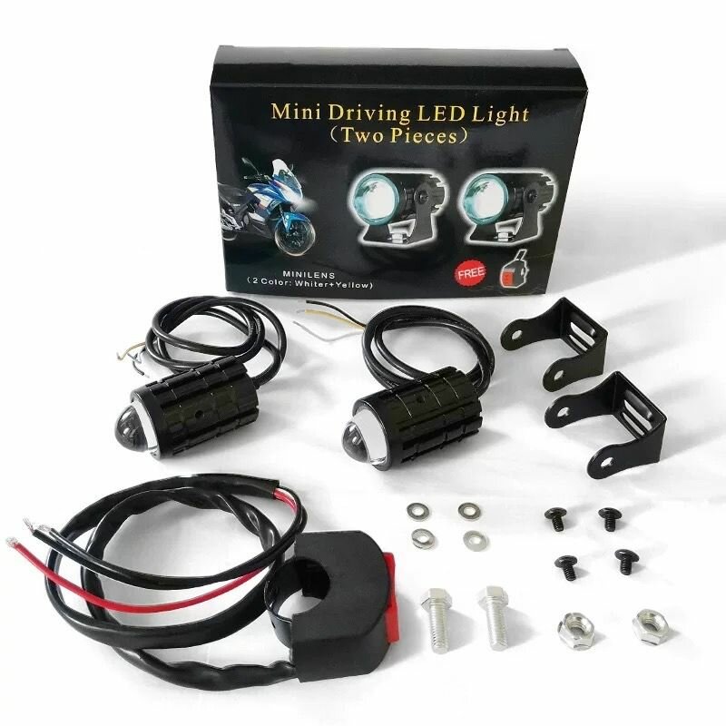 Мотоциклетная двухцветная LED фара / противотуманный фонарь 12V (дальний 6000K белый, ближний 3000K жёлтый), 9–36В, 12Вт, 2 шт. с выключателем