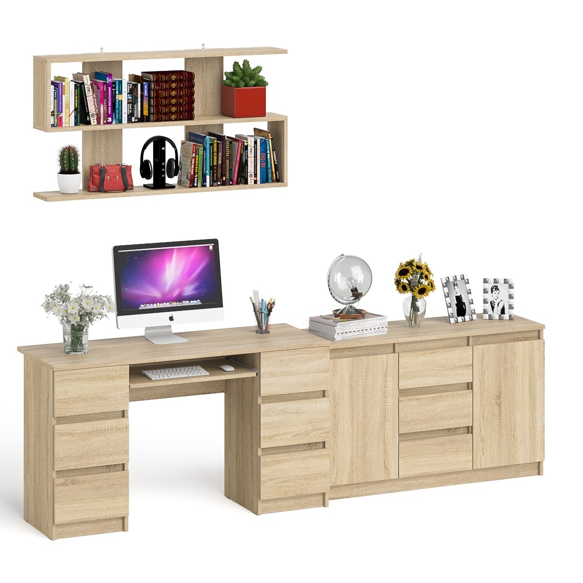 Двухтумбовый стол компьютерный Мори МС-2 с ящиками с тумбой и полкой, дуб сонома, 255,8х50х209,6 см.