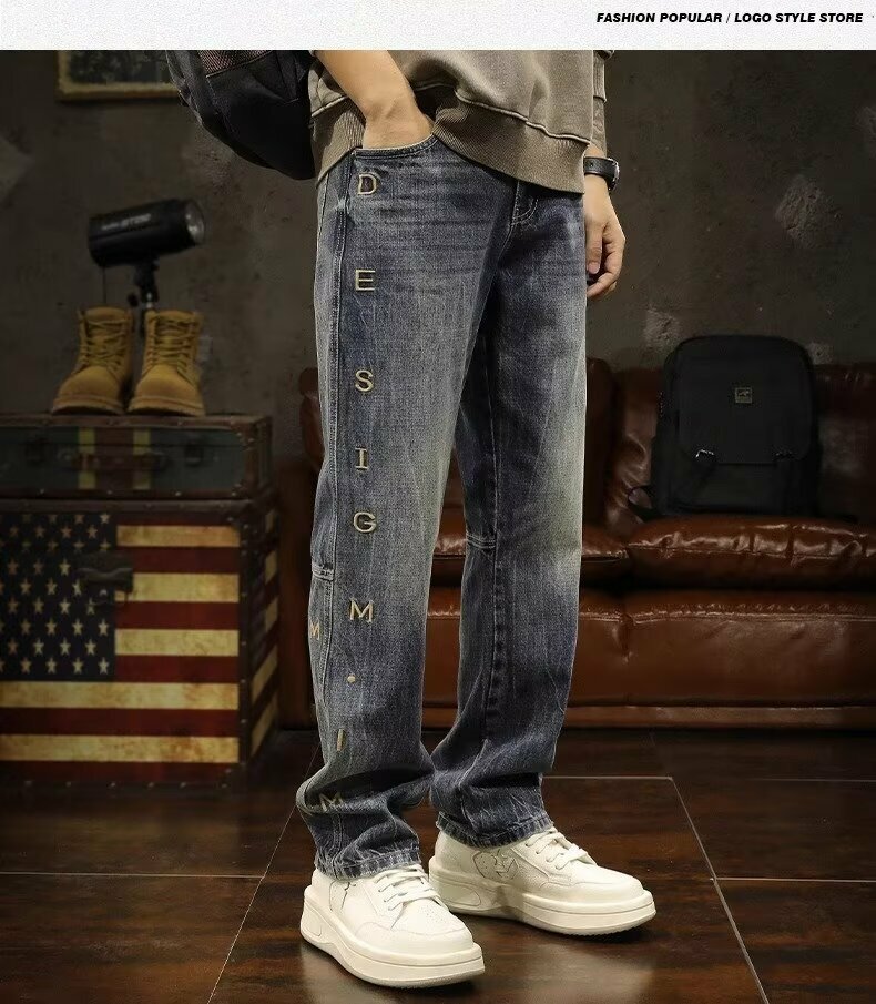 Мужские джинсы Чистый цвет Американский уличный стиль вышивка букв свободный широкий зимний брюки