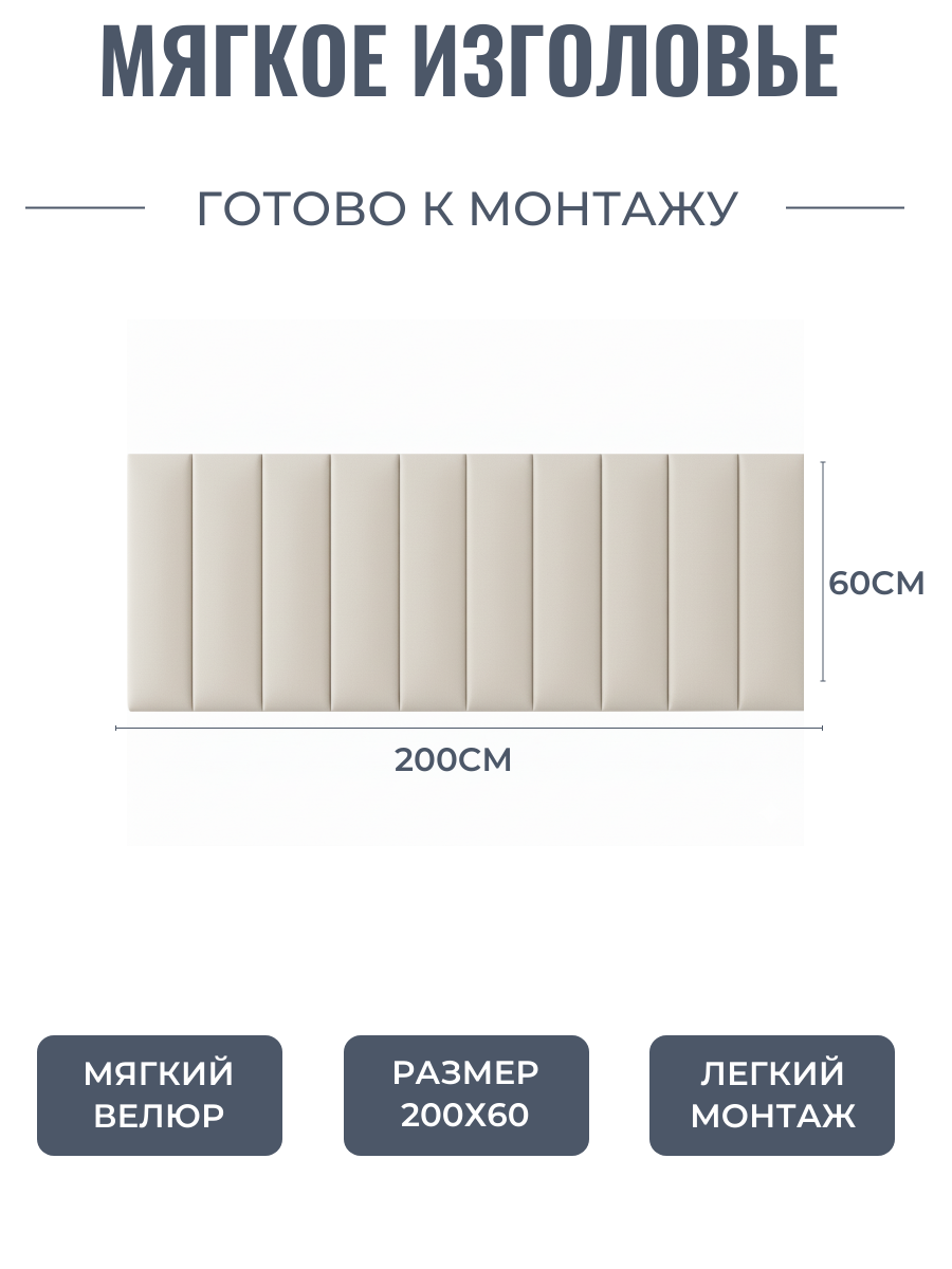 Спинка для кровати мягкая, изголовье 200 на 60 сантиметров, молочный велюр, рисунок 10 вертикальных полос