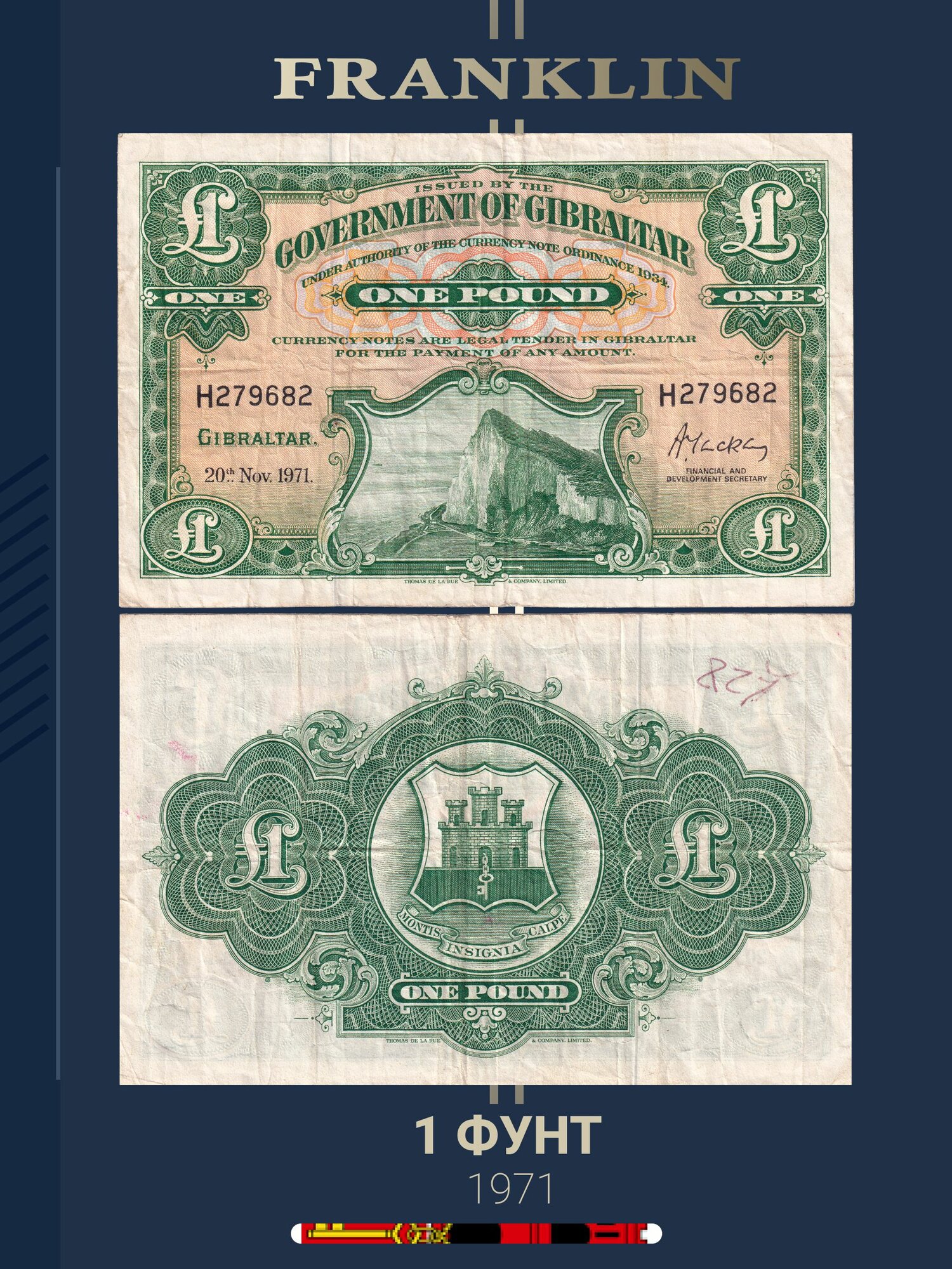 Банкнота Гибралтар 1 фунт 1971 год (VF) Pick 18b