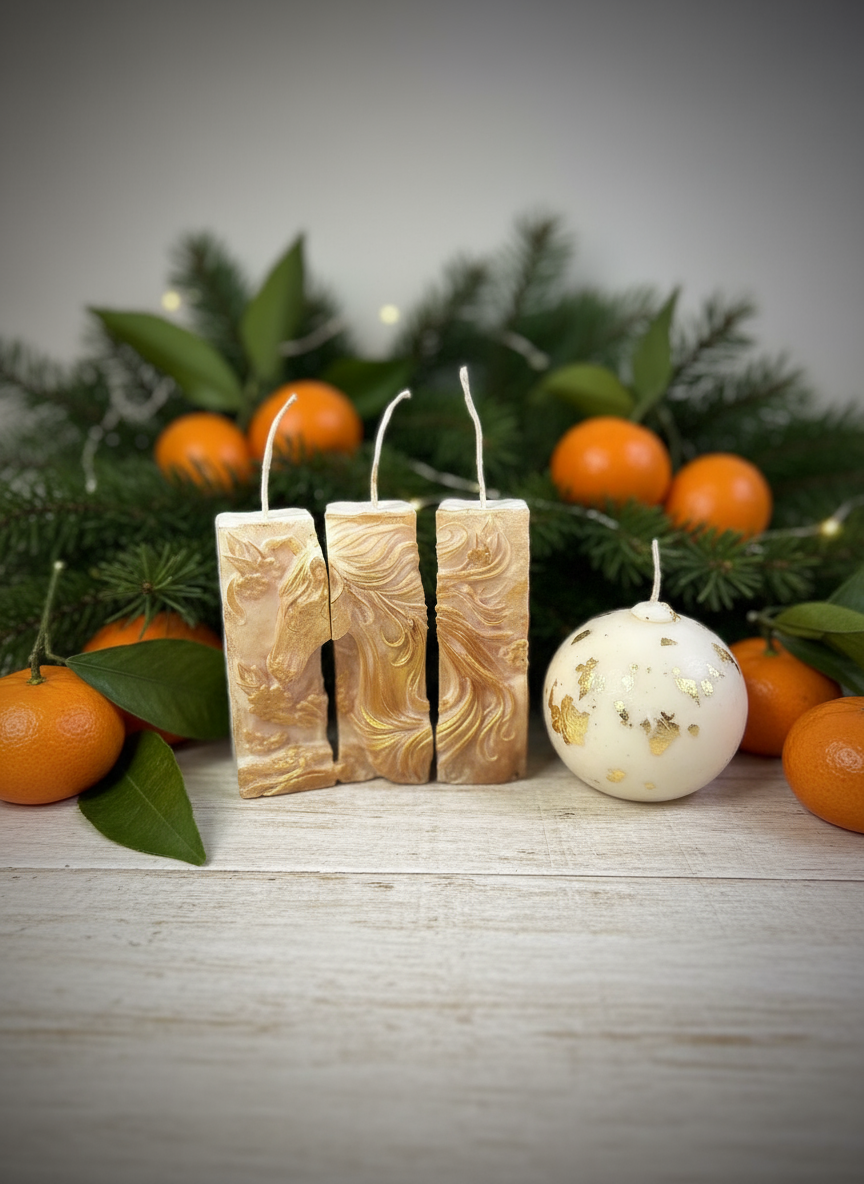 Свеча ручная работа "Новогодняя лошадь", триптих, символ Нового Года