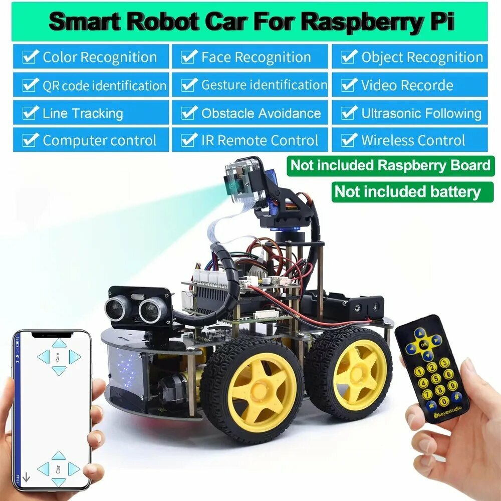 Keyestudio Комплект для умного робота-автомобиля 4WD для Raspberry Pi с мегапиксельным модулем камеры (без платы RPI 4B)