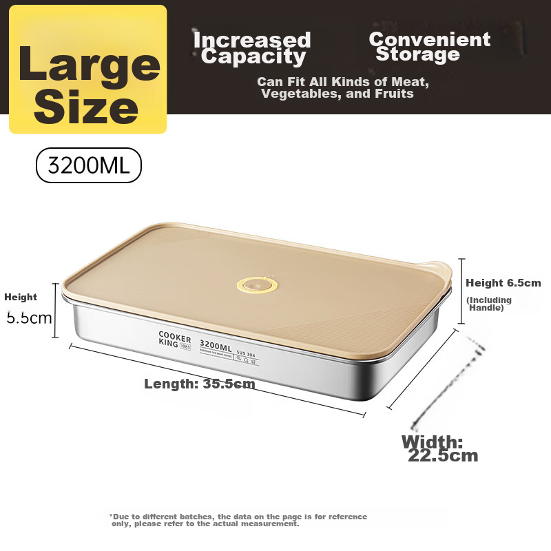 Chuidahuang Dumpling Container, 304 Stainless Steel Food Storage Box, Refrigerator Organizer, Large Capacity for Dumplings And Wonton, 3200ml