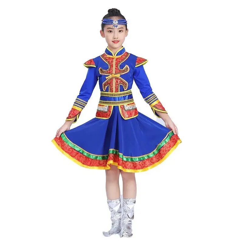 Детский монгольский костюм, розовый красный, полиэстер, хлопок XXL Height 150cm, Girl Blue 1