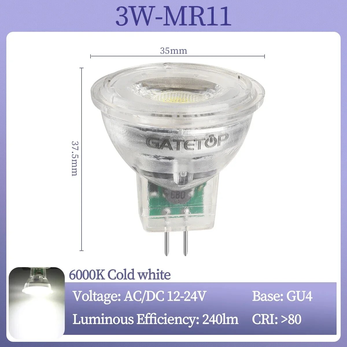 Gatetop MR11 3Вт LED GU4 6000K холодный белый свет