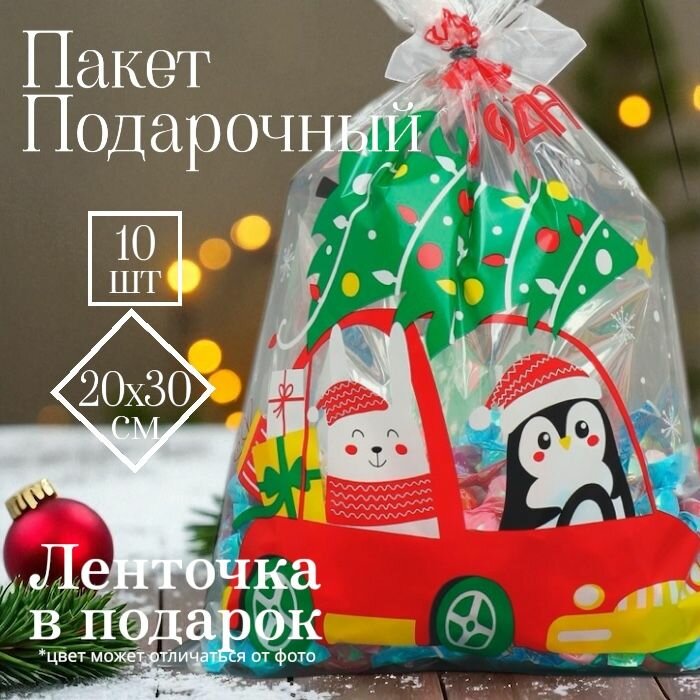 Пакеты 10 шт новогодние подарочные прозрачные большие и маленькие, детские. Набор пакетов с жестким, твердым дном, полиэтиленовые, для подарков в детский сад и школу Новый год