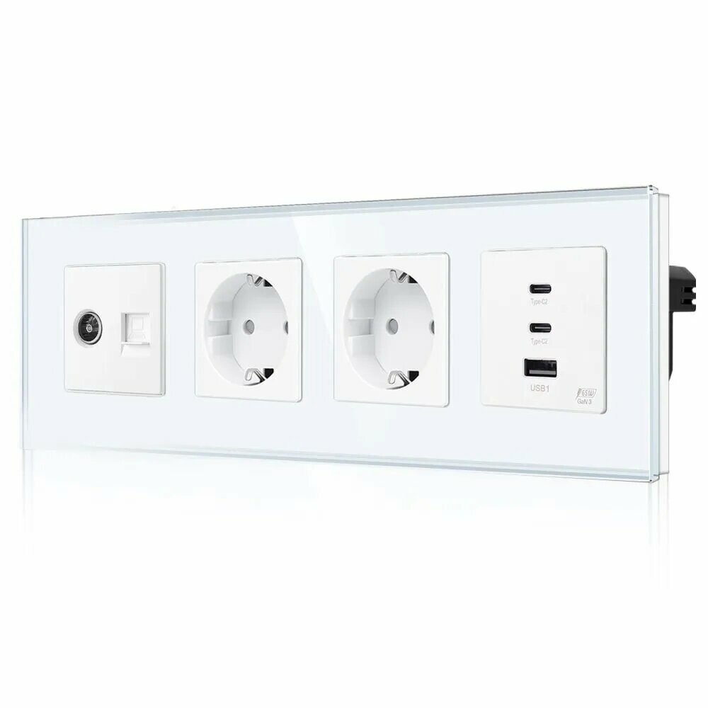 Pозетка на 4 столба с интернетом/телевидением, cat5/TV, 65WUSB/TYPE-C, закаленное стекло, цвет белый