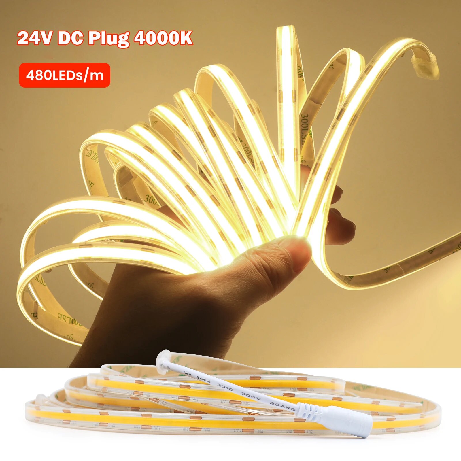 KISUFU Светодиодная лента COB 480LED/м IP67 12/24В 3000K/4000K/6000K 24V DC Plug Natural, 10M