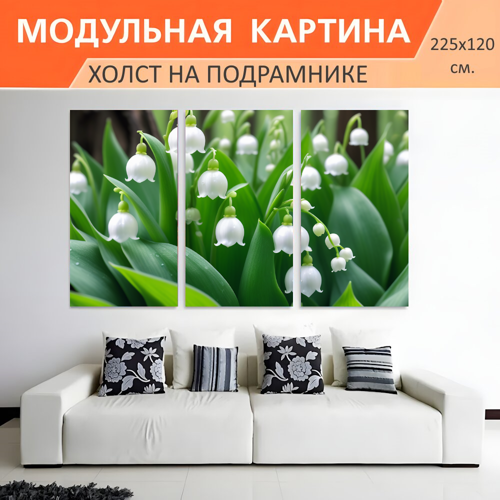 Модульная картина на холсте "Ландыши в лесу" триптих на подрамнике 225х120 см. для интерьера