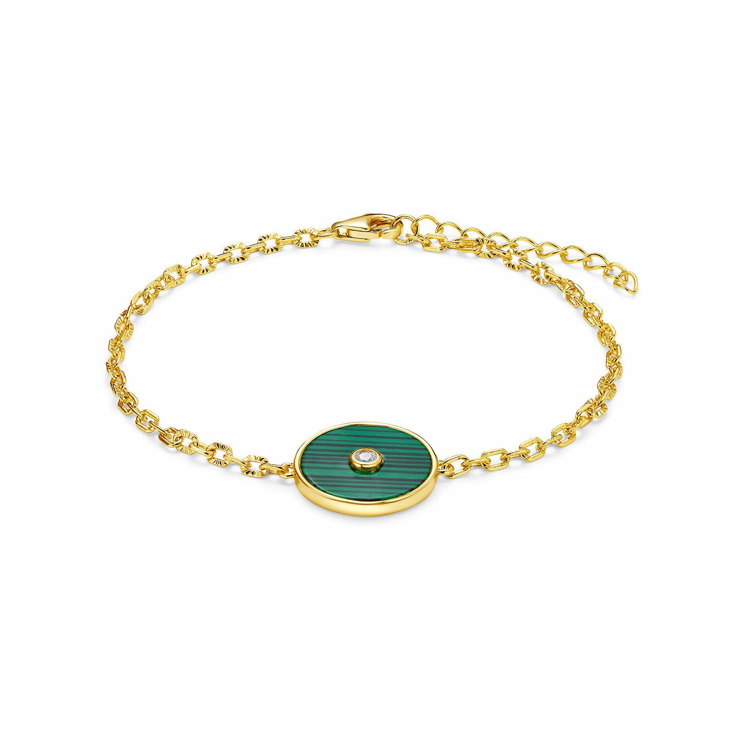 Браслет-цепочка, серебро, 925 проба, родирование, малахит, фианит