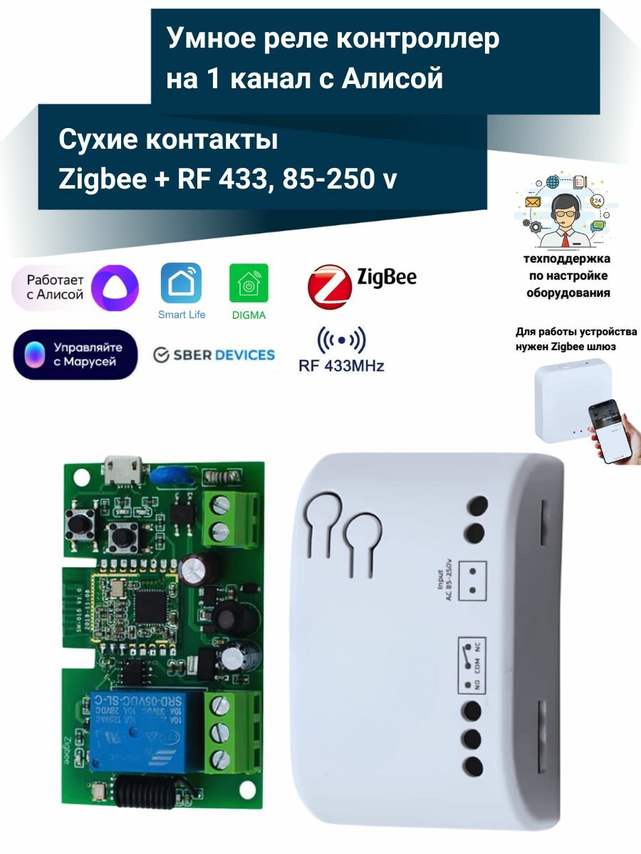 Умное реле с Алисой на 1 канал 220В, (Tuya Zigbee + RF 433 МГц)