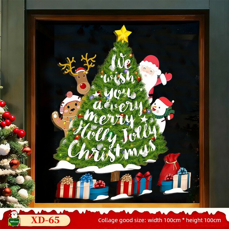 Новогодние стеклянные наклейки, статические наклейки, наклейки на окна с изображением Деда Мороза и елки, оформление